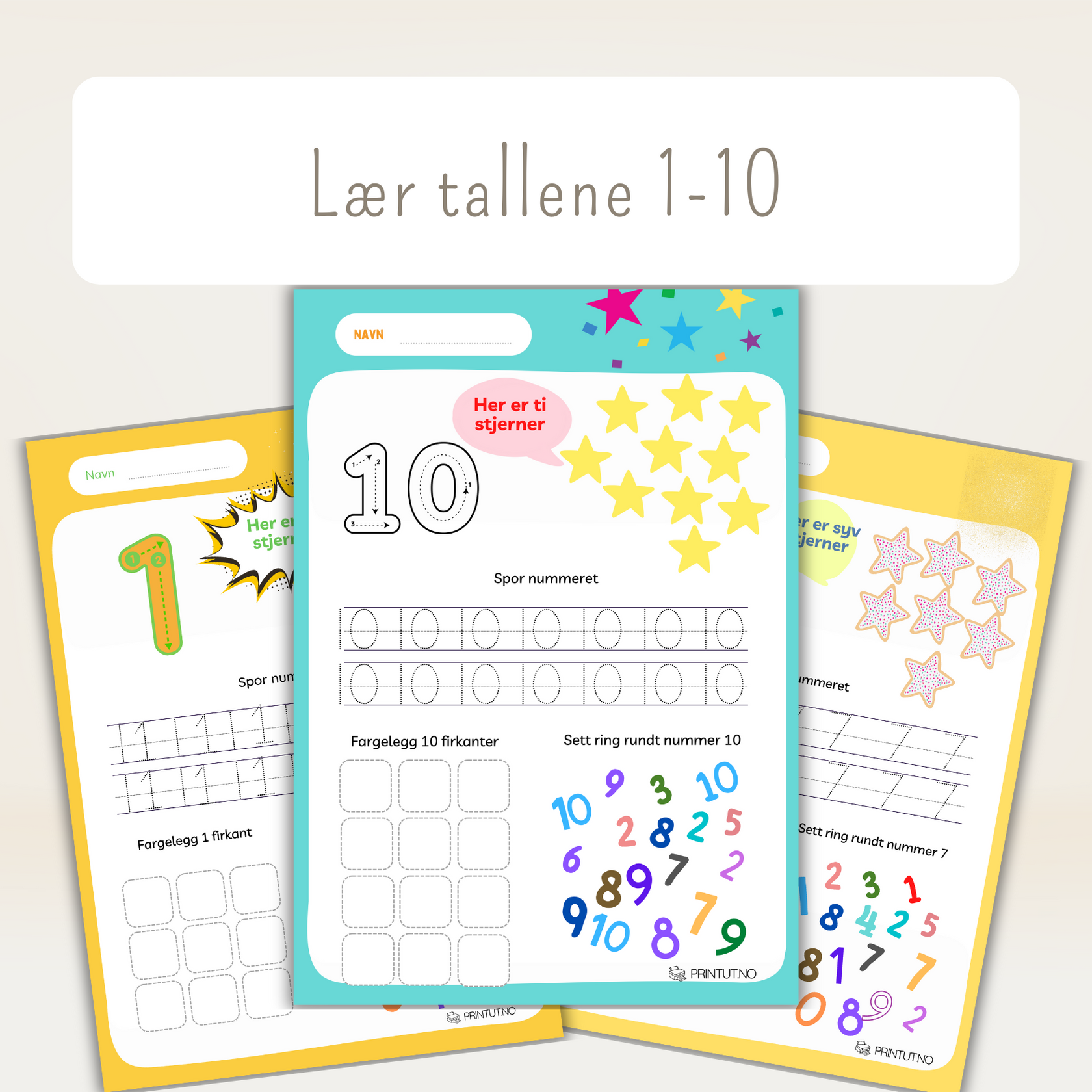 Tallene 1–10 | Utskrivbare læringsark for barn – Lær å telle og skrive – printut.no
