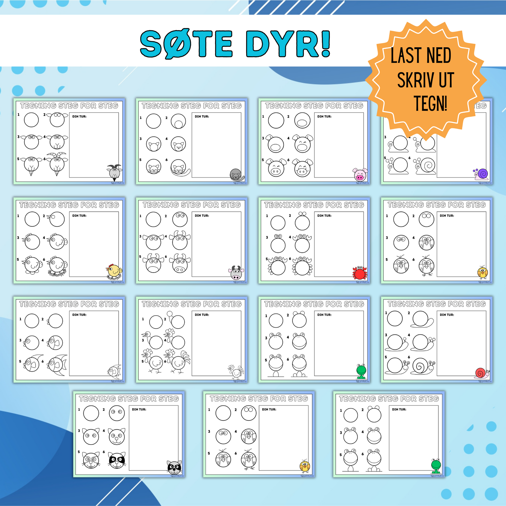 Tegning steg for steg-dyr | Lær å Tegne Dyr med Enkle Instruksjoner – printut.no